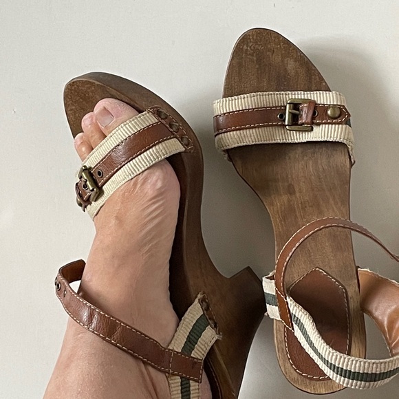 Zara | Shoes | Zara Cool Platform Sandals Leather Wood Canvas ...